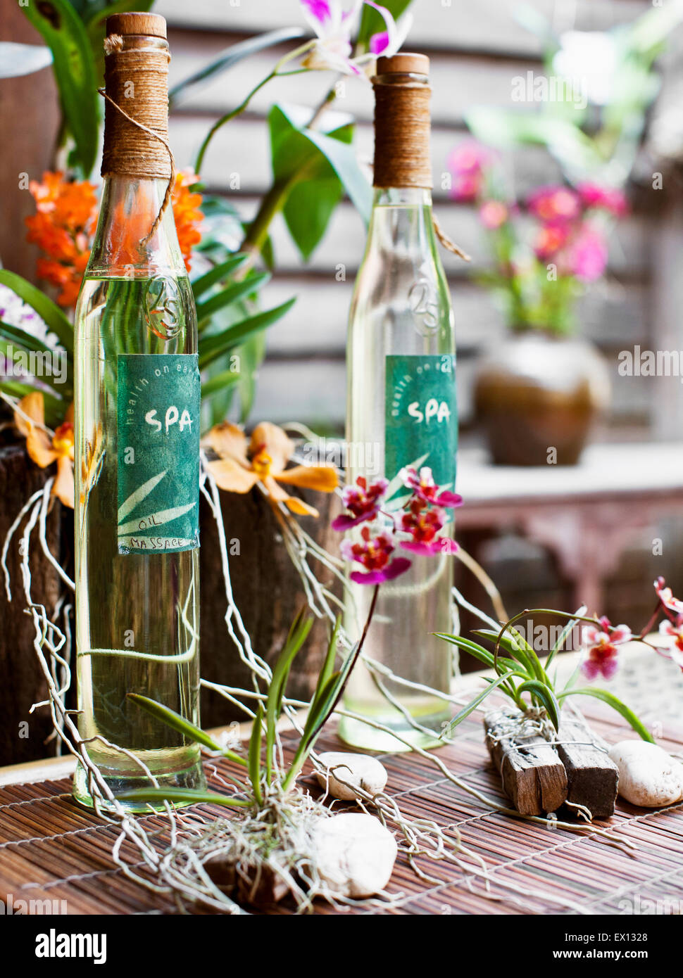 A spa still life of massage oil at Papaya Spa. Vientiane, Laos Stock ...