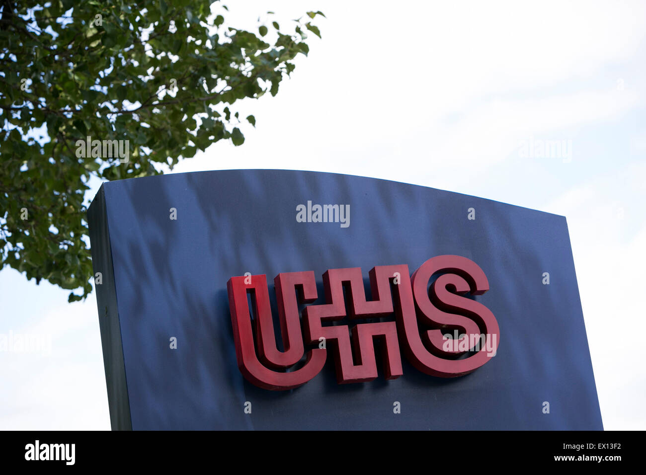 A logo sign outside the headquarters of Universal Health Services, Inc ...