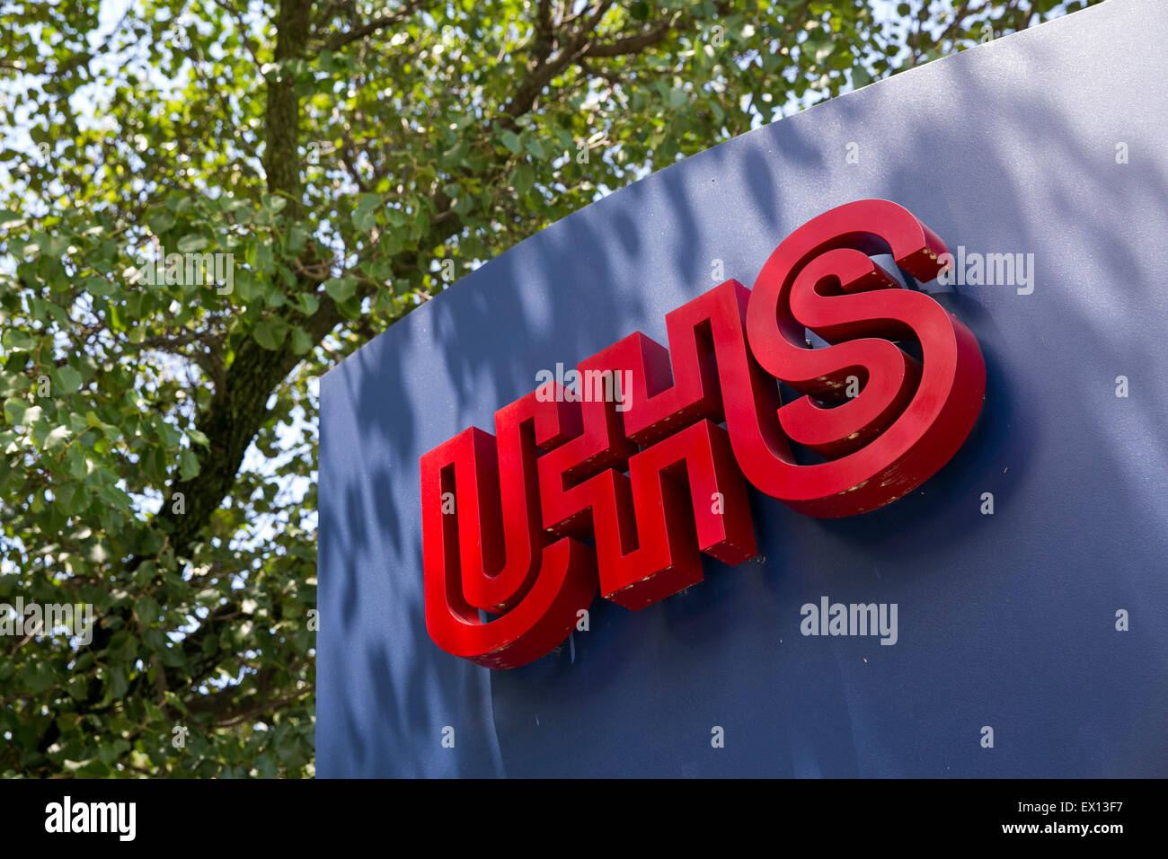 A logo sign outside the headquarters of Universal Health Services, Inc ...