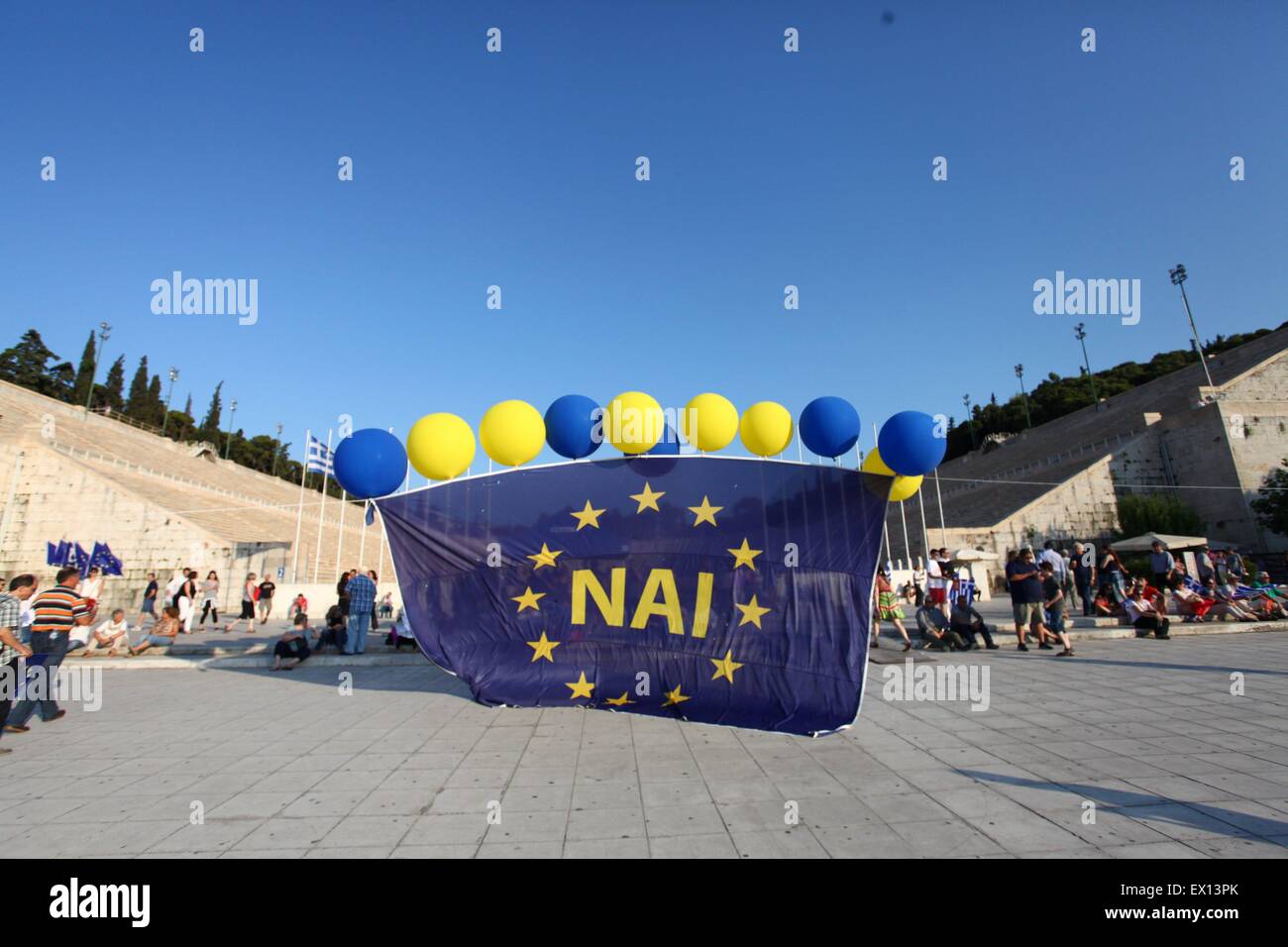 Athens, Greece. 03rd July, 2015. A E.U. flag together with the word ...