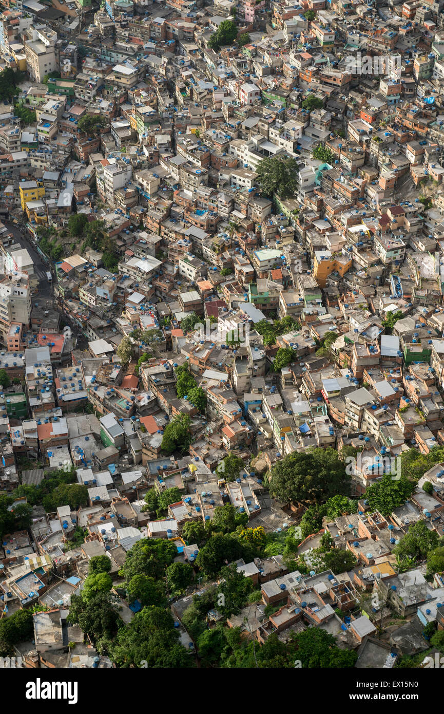 Crowded Brazilian Rocinha favela shanty town climbs a hillside in Rio ...