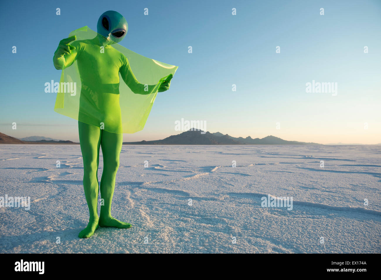 Green alien traveler in white desert lunar landscape reading electronic ...