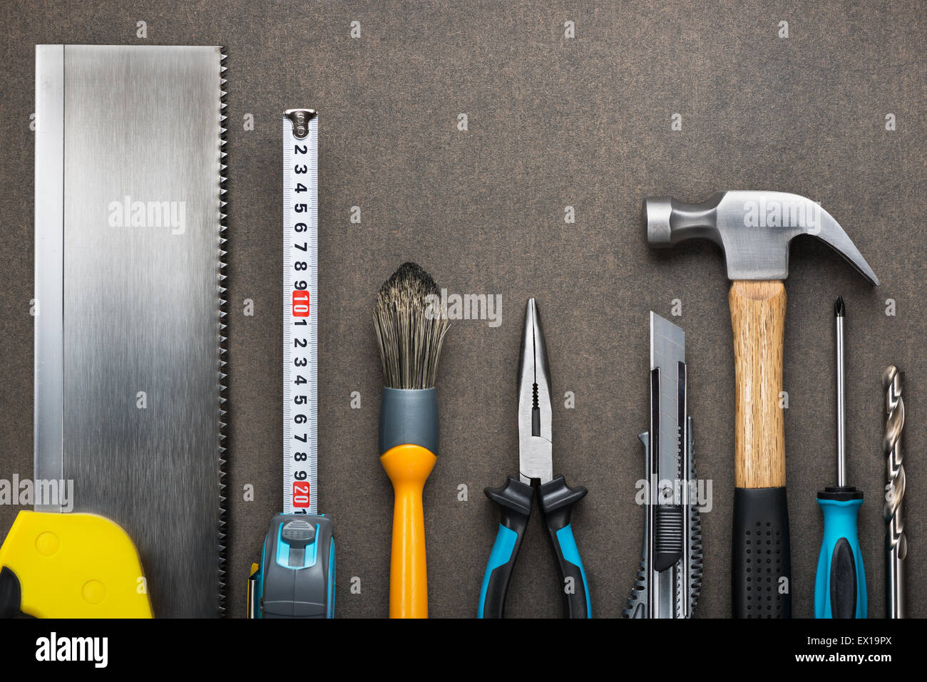 Various carpentry, construction tools on the board Stock Photo - Alamy