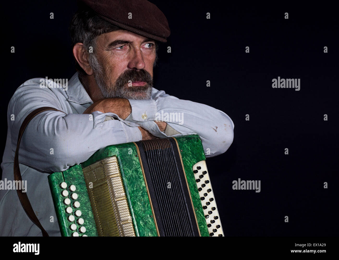 Portrait (low key) of an old country man with button accordion Stock ...