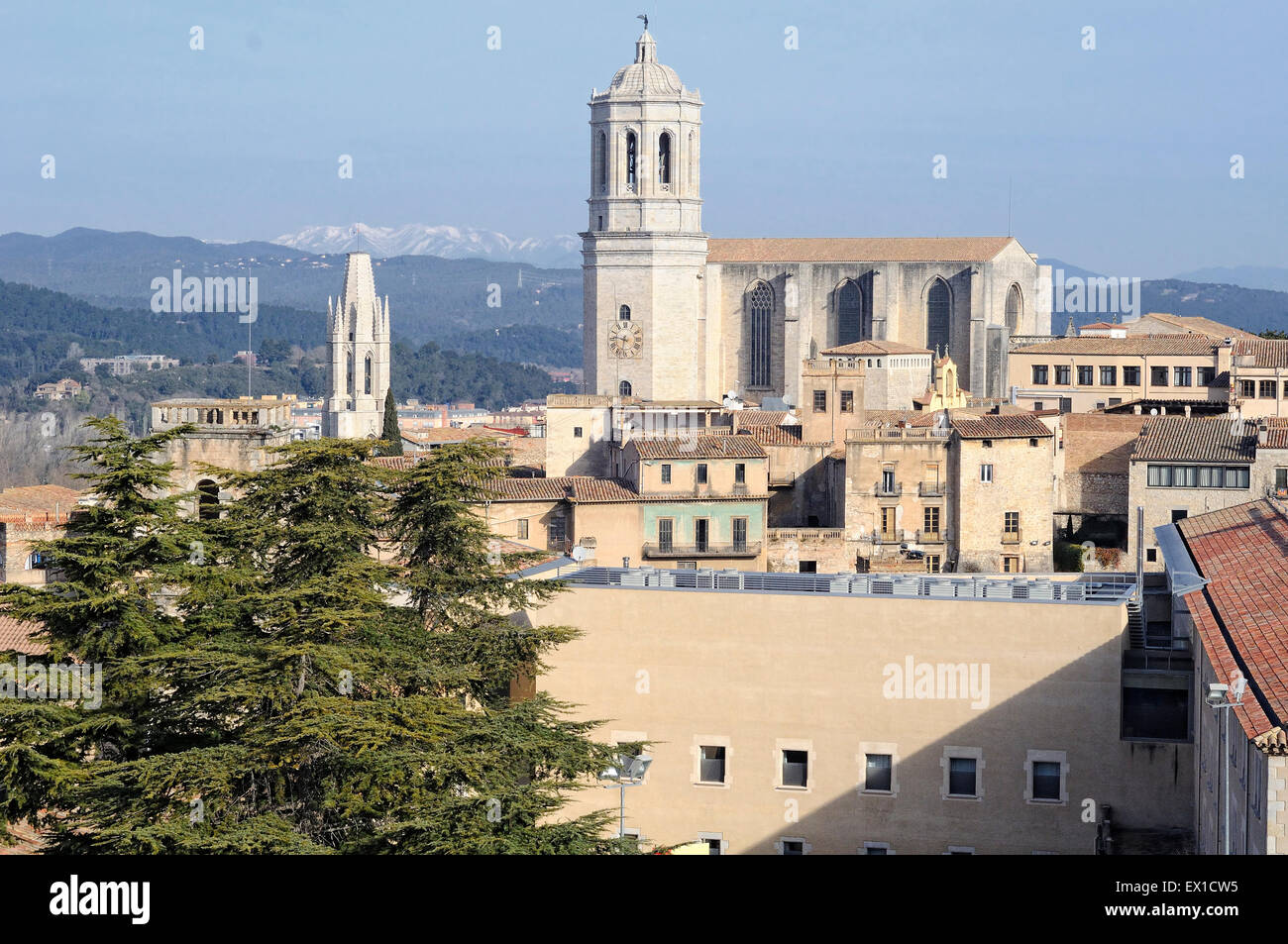 Saint Felix Cathedral in the oldtown with the pyrenees mountains at ...