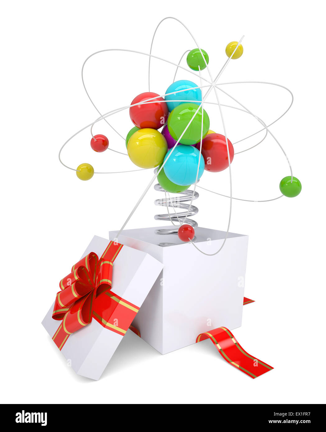 Gift box with red band and colorful atom structure Stock Photo - Alamy