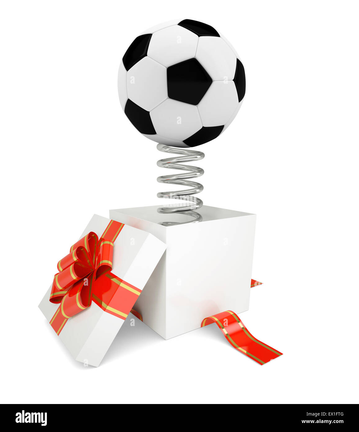 Gift box with red band and soccer ball Stock Photo - Alamy