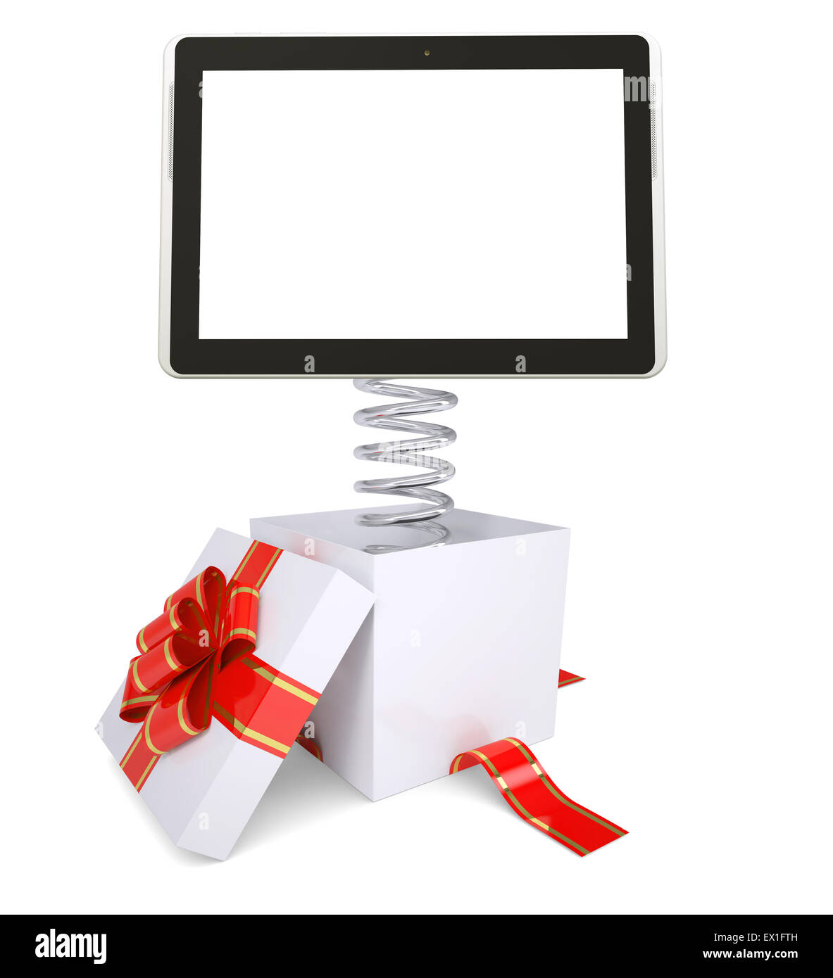 Gift box with red band and tablet Stock Photo - Alamy