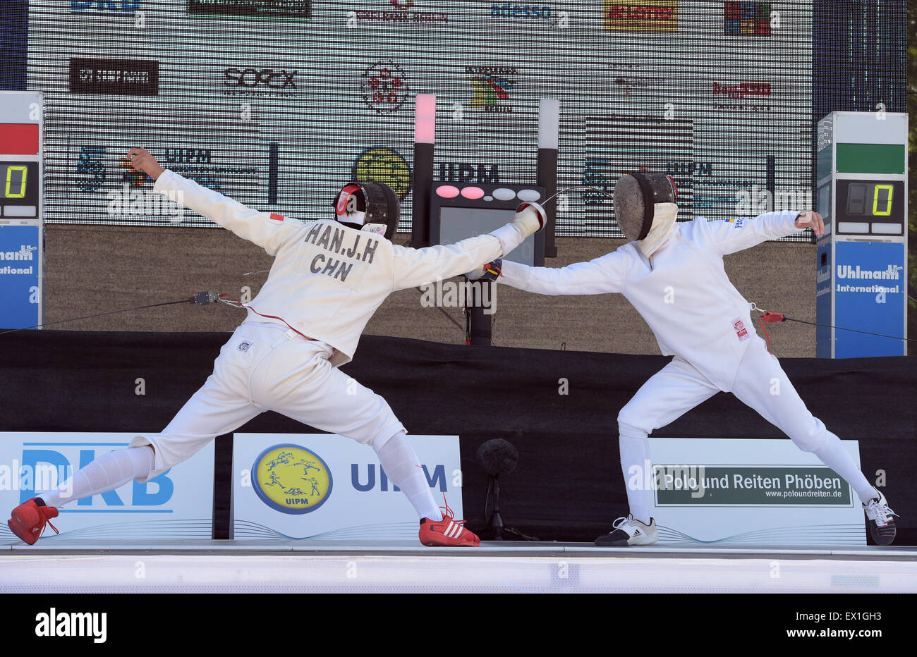 Berlin, Germany. 03rd July, 2015. Ukraine's Andriy Fedechko (R) in action against China's Jiahao ...