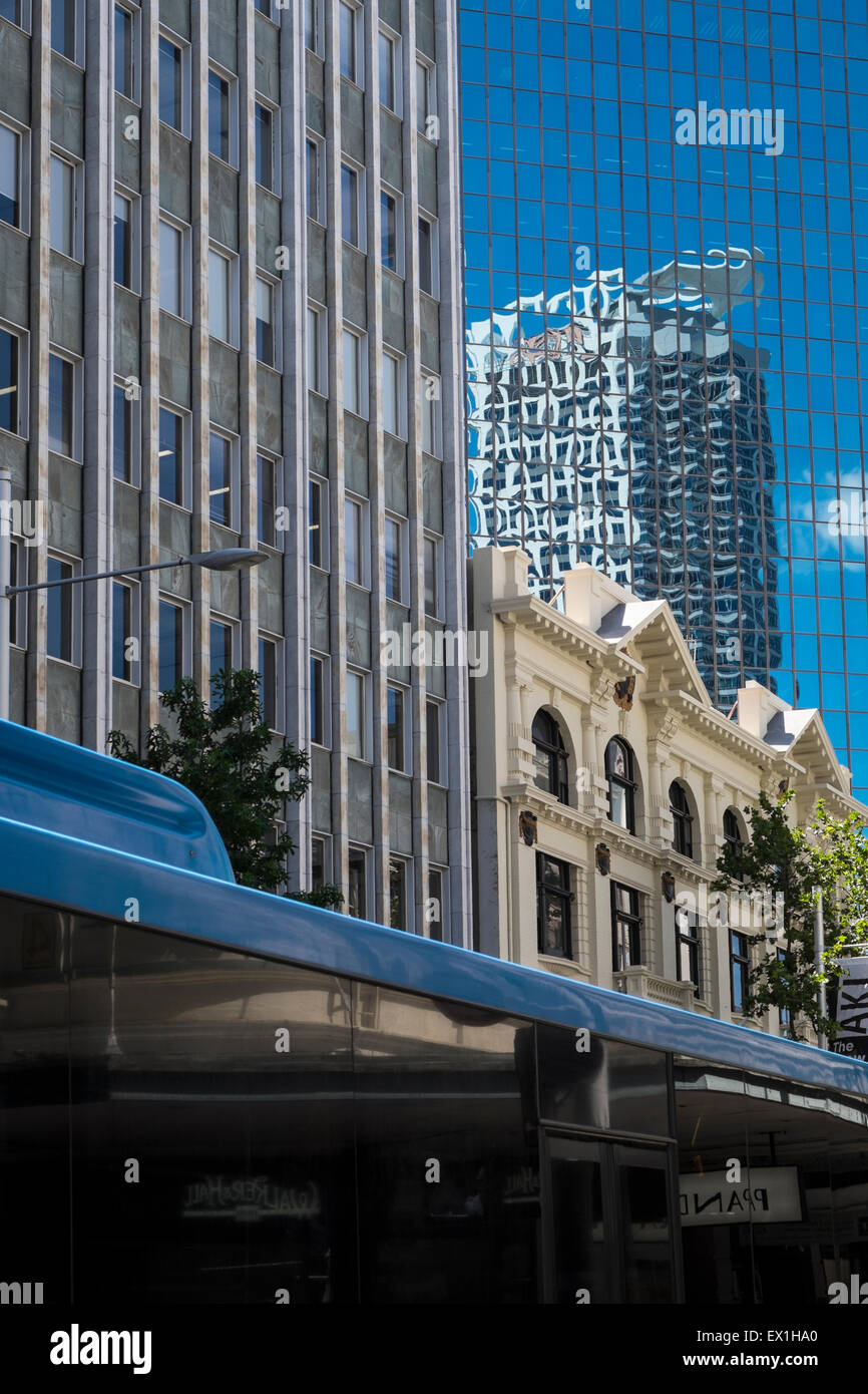 Abstract Auckland city with modern and old buildings, reflection and ...