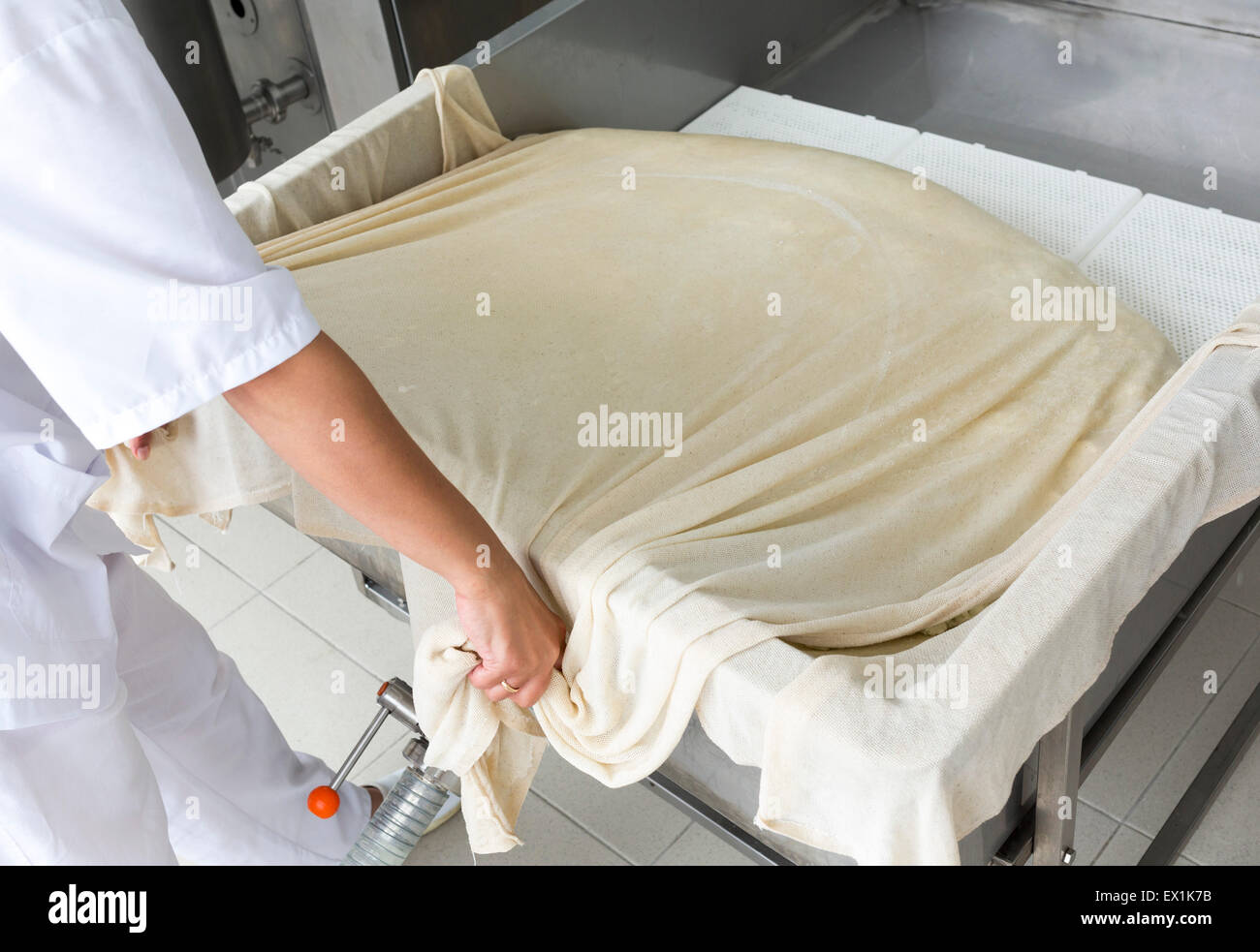 A woman working in a small family creamery is processing the final ...