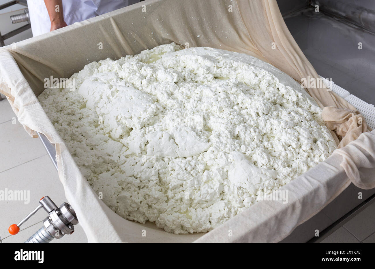 A woman working in a small family creamery is processing the final ...