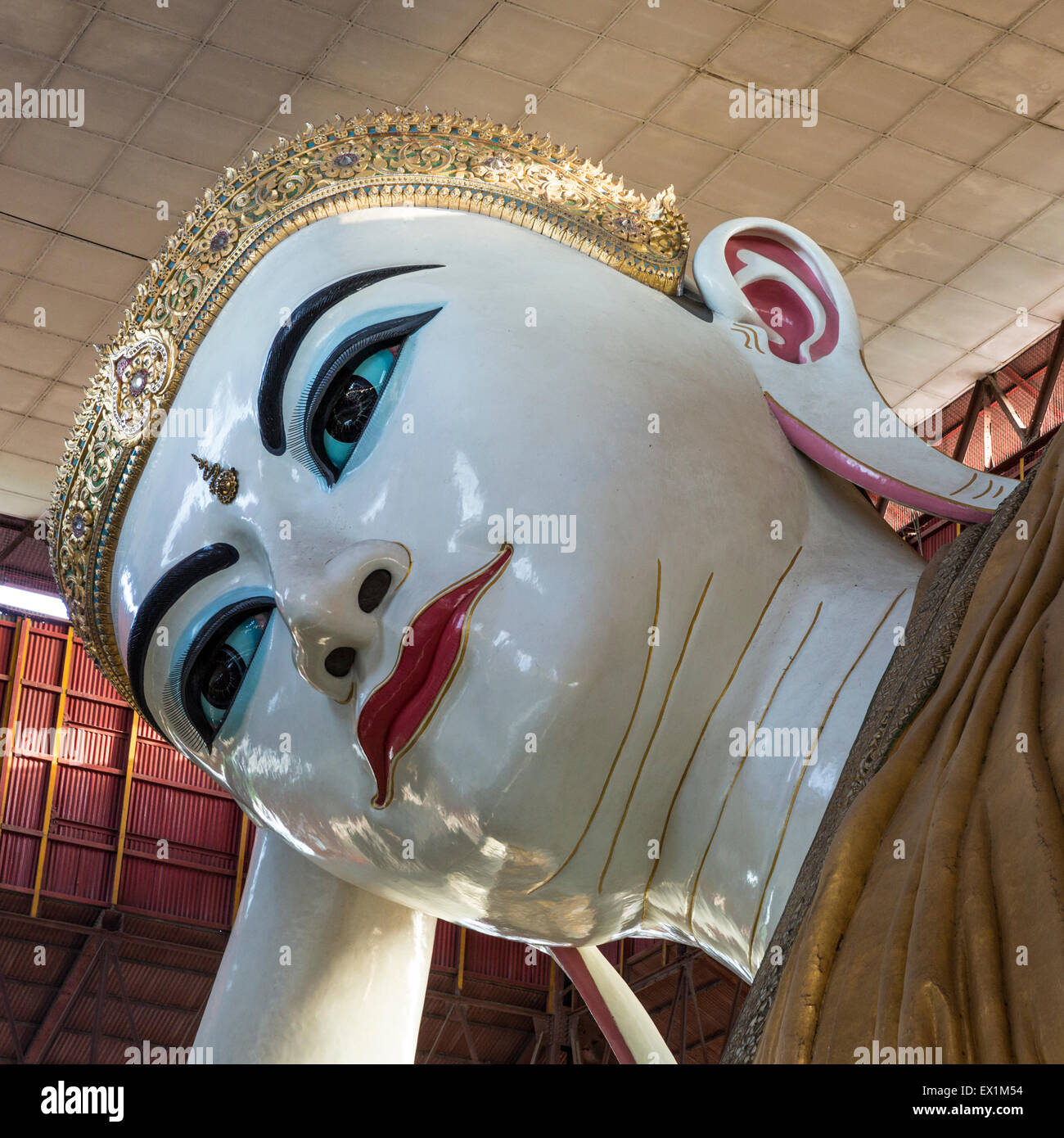 Head of colossal reclining buddha at Chaukhtagyi pagoda in Yangon ...