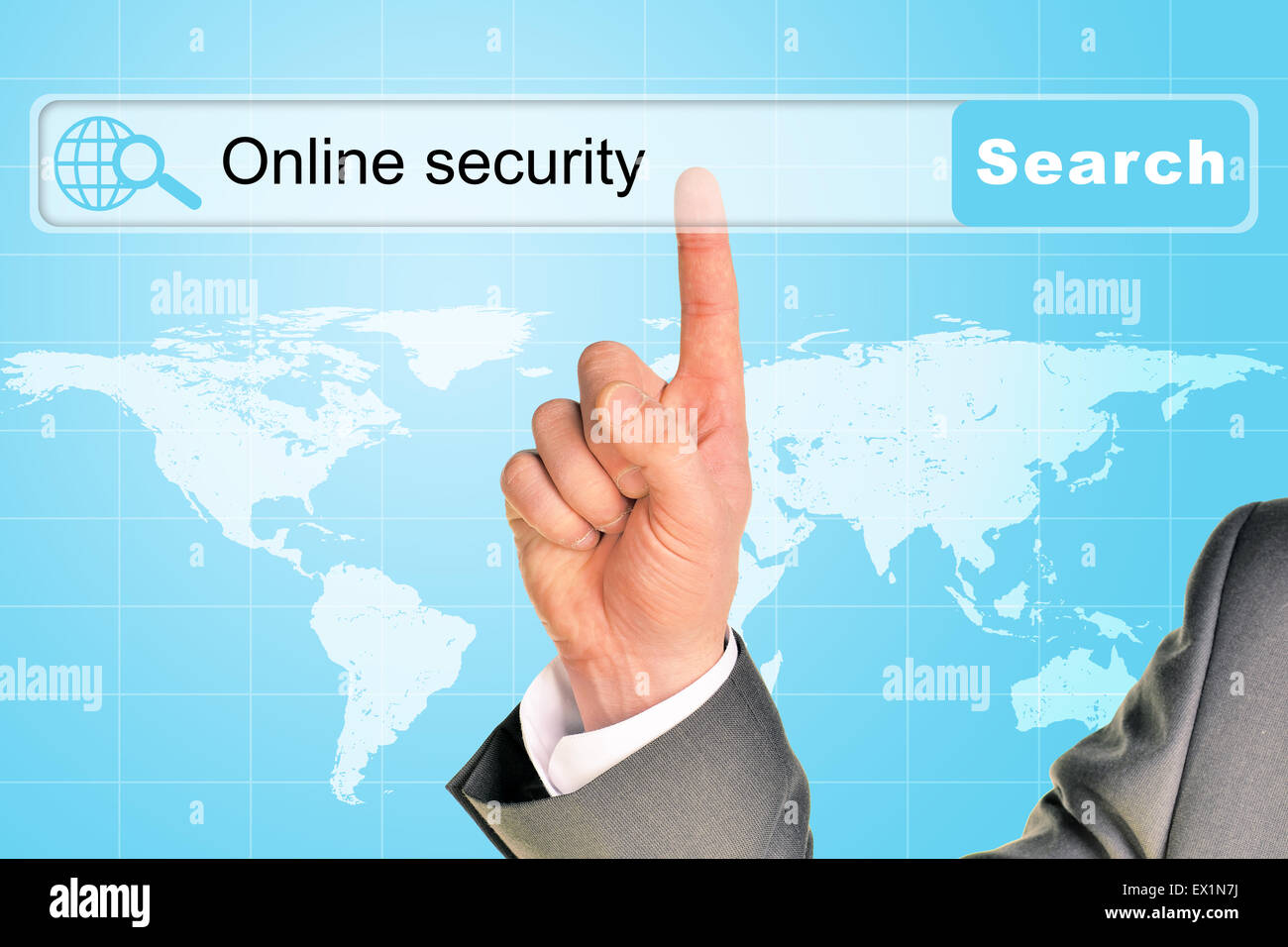 Businessmans hand on abstract blue background Stock Photo - Alamy