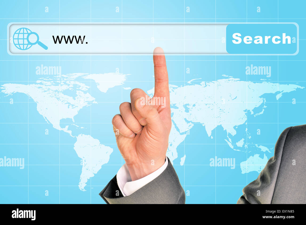 Businessmans hand on abstract blue background Stock Photo - Alamy