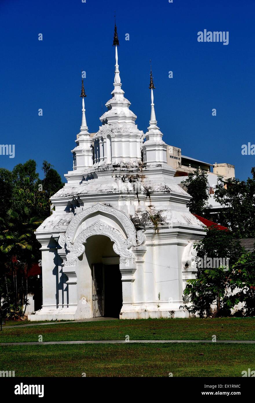 Chiang Mai, Thailand: White entrance gate with stepped finials leads to ...