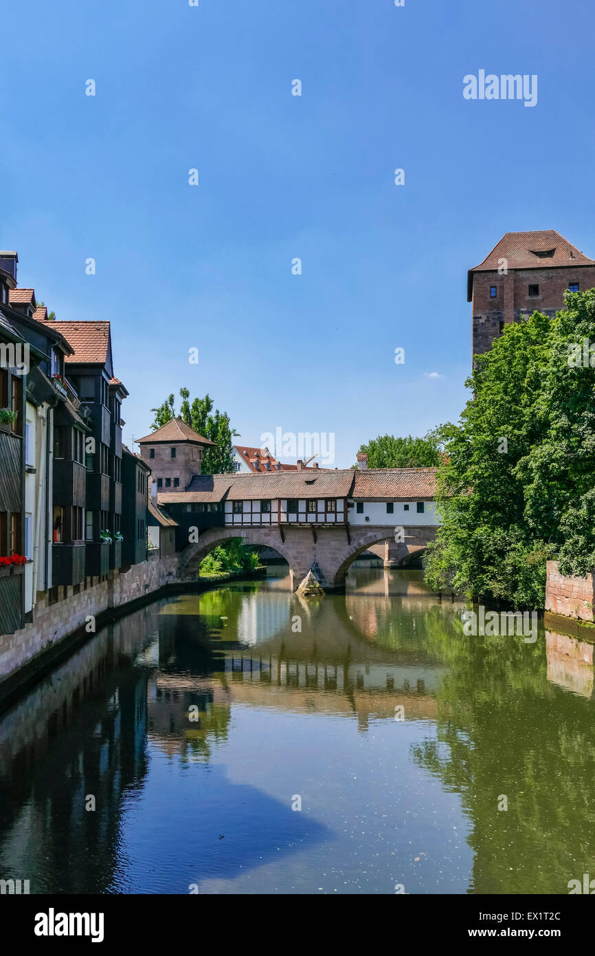Pegnitz river with Henkersteg and Henkerhaus, Nuremberg, Middle ...