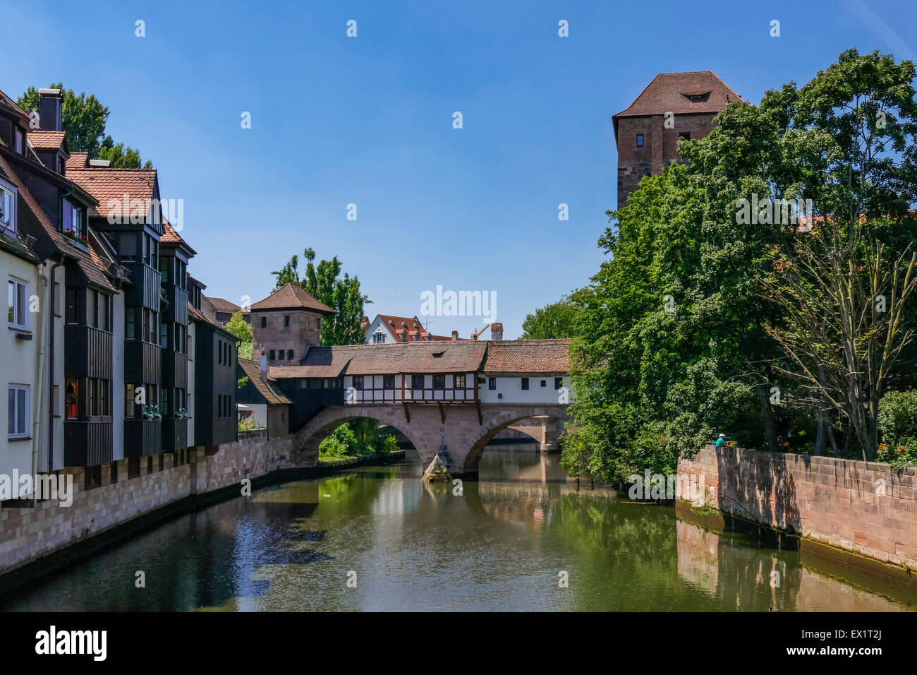 Pegnitz river with Henkersteg and Henkerhaus, Nuremberg, Middle ...