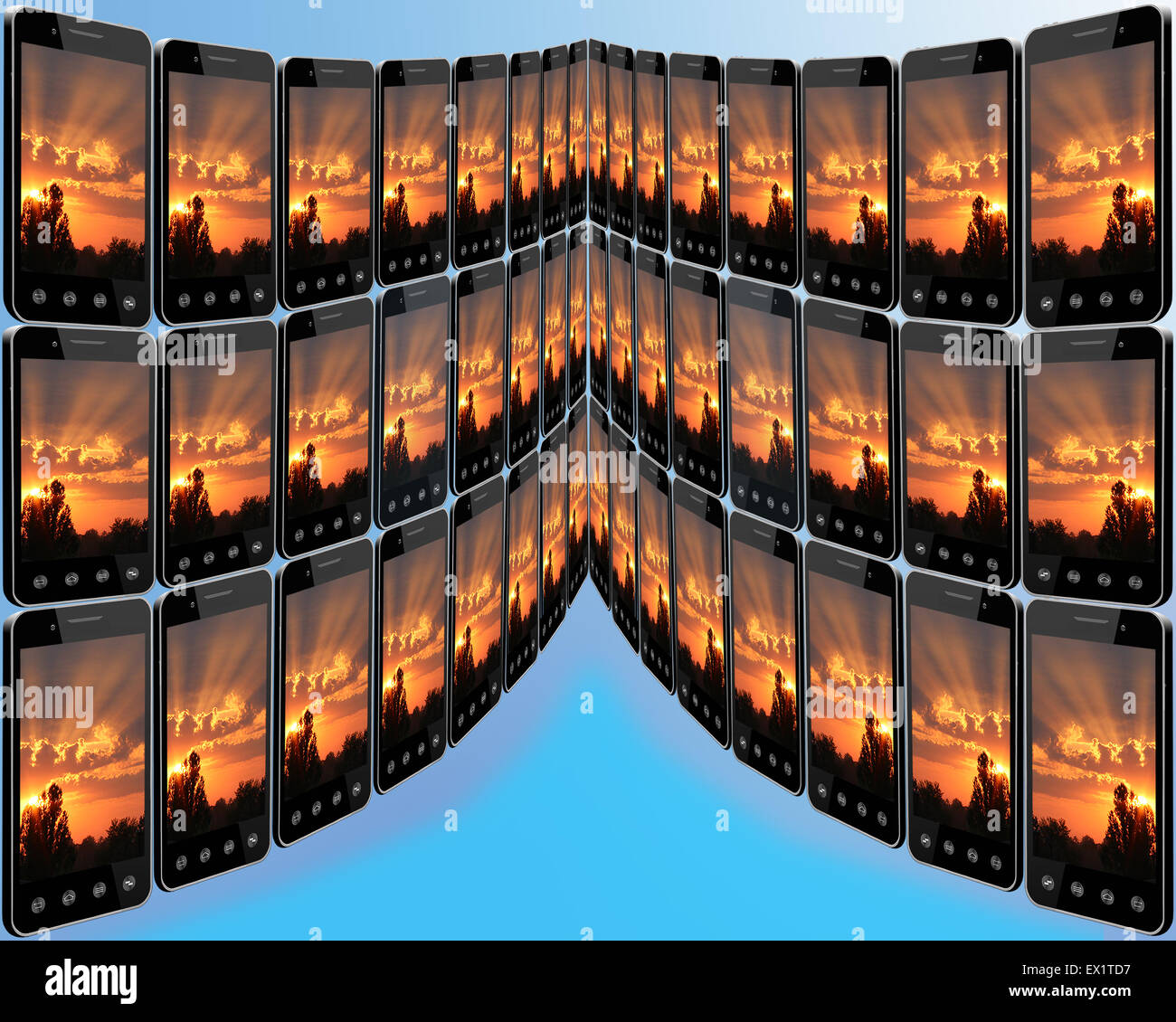 black smart-phones with images of sunset in rows Stock Photo - Alamy