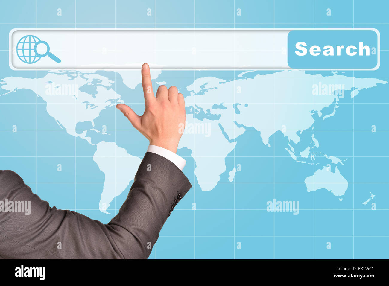 Businessmans arm on abstract blue background Stock Photo - Alamy