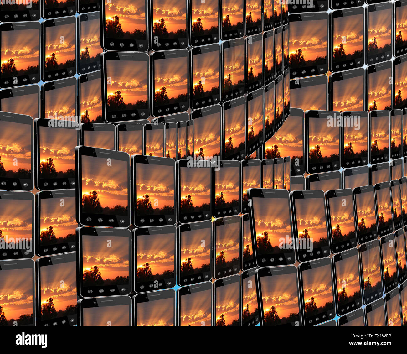 black smart-phones with images of sunset in rows Stock Photo - Alamy