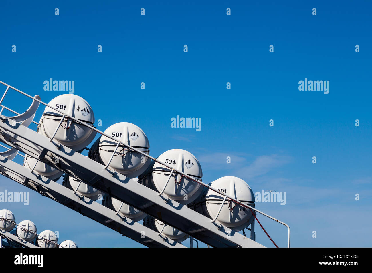 Rows of self-inflating life rafts on board a British Columbia passenger ...