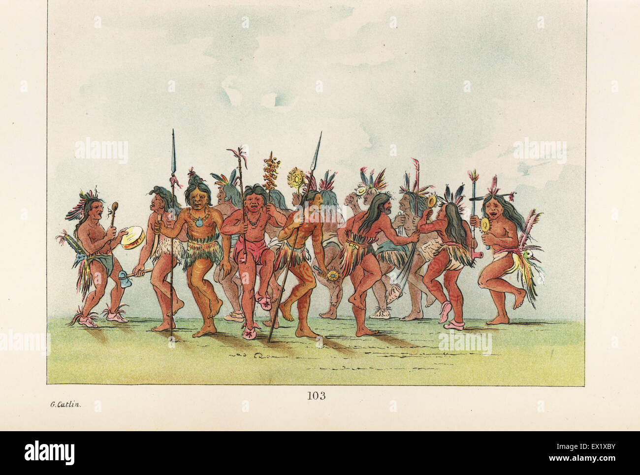 Sioux warriors dancing the Beggar's Dance with lance, tomahawk, pipe ...