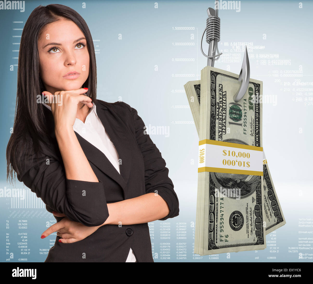 Thinking businesswoman with money Stock Photo - Alamy
