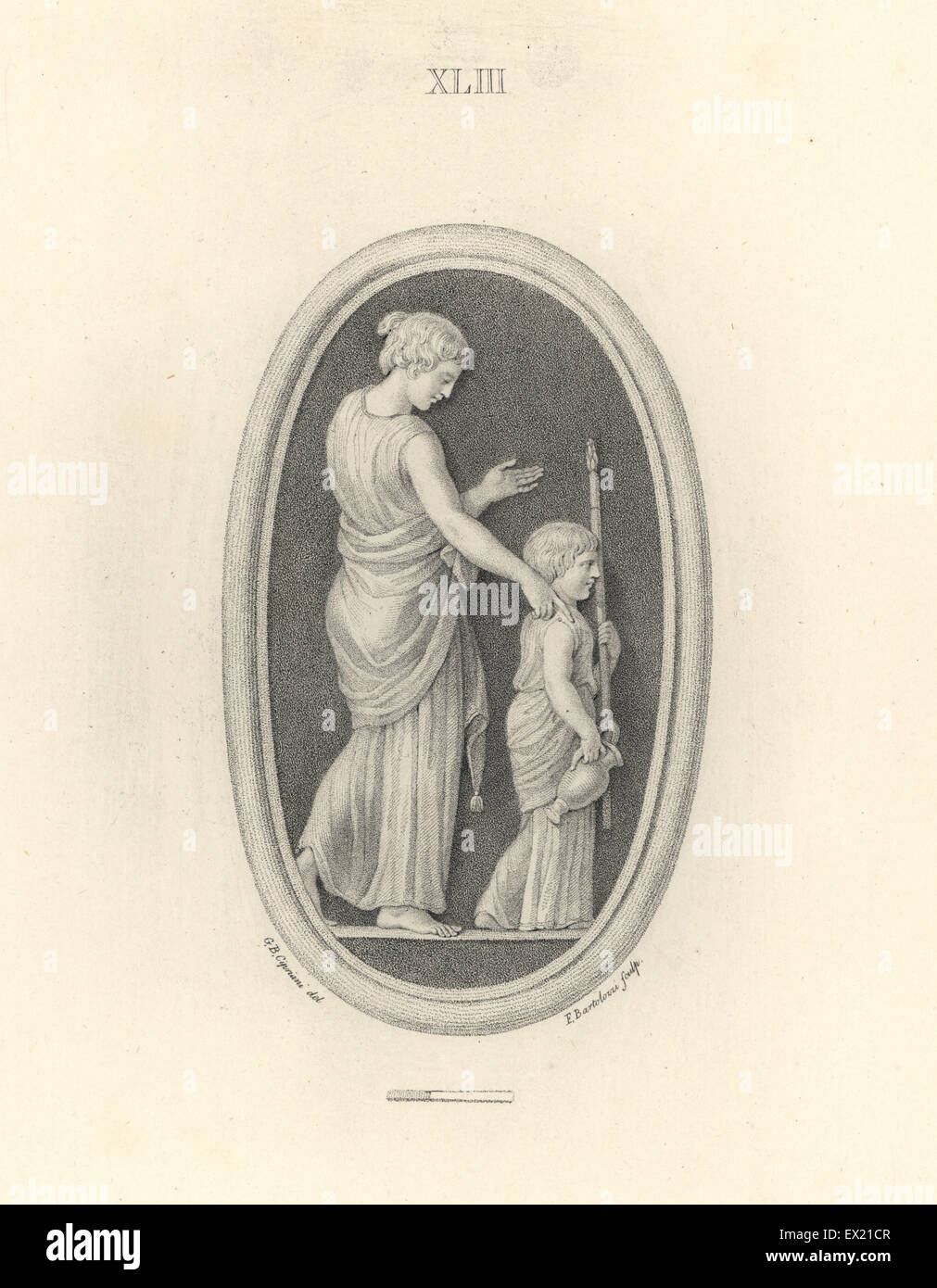 Roman woman and daughter with jug and staff. Copperplate engraving by ...