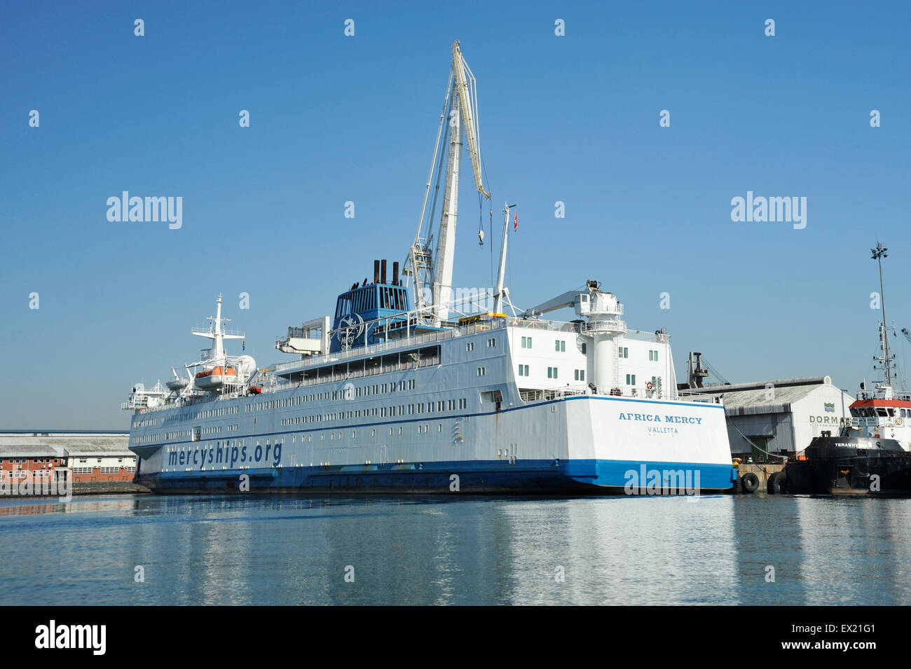 Scene of white hospital ship Valetta Africa Mercy moored to dock Durban ...
