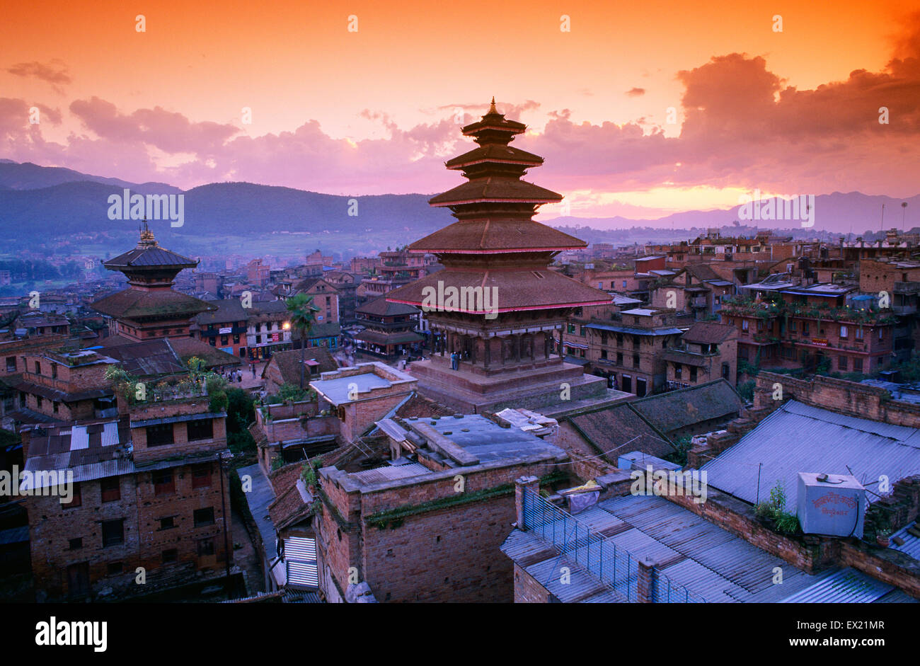 Overview of Historic Temples at Dusk, Bhaktapur, Nepal Stock Photo - Alamy