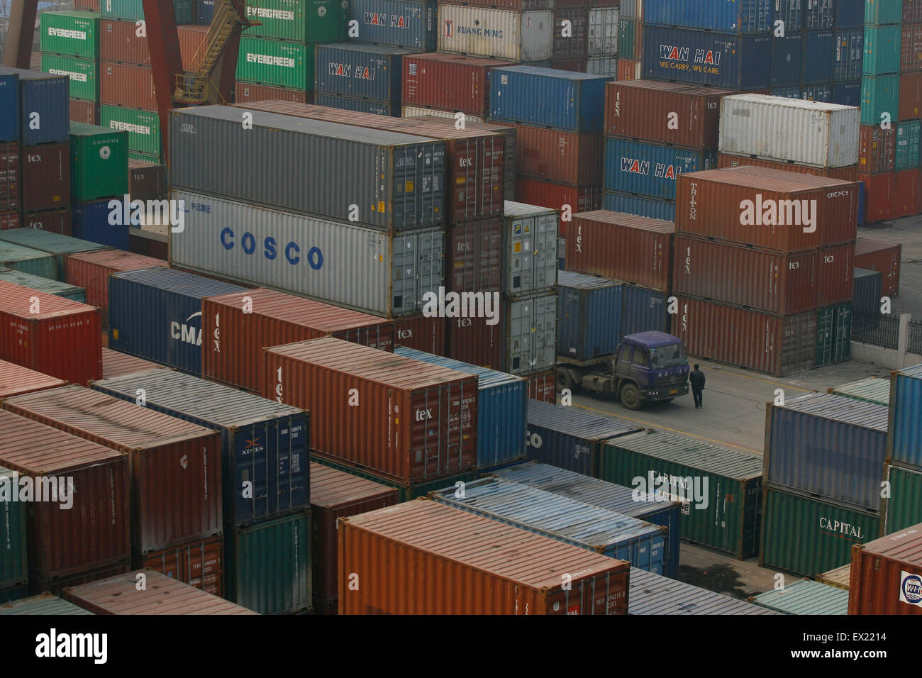 Piles of containers are seen at a dock in Wuhan, Hubei province January ...