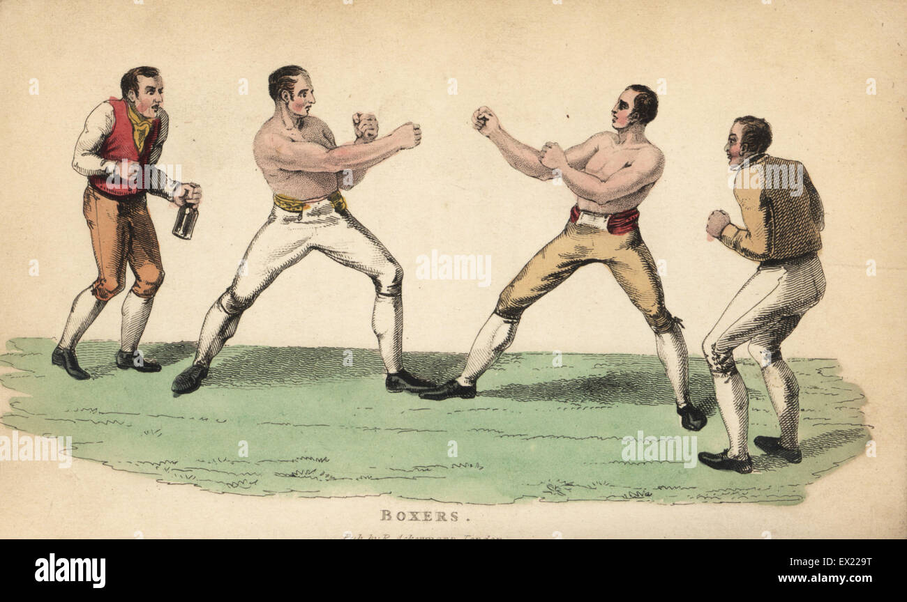Bare-knuckle prize fighters in a boxing match, early 19th century ...