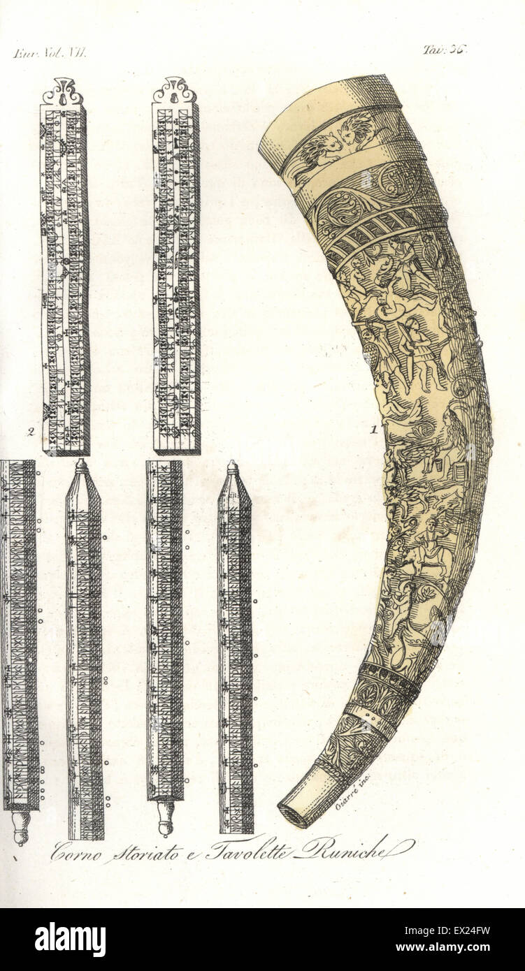 Decorated horn and Runic tablets of the Vikings. Handcoloured ...