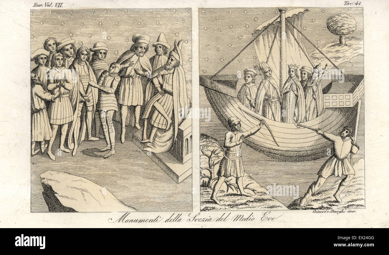 Medieval Swedish monuments. A Christian king with bishops arriving on ...