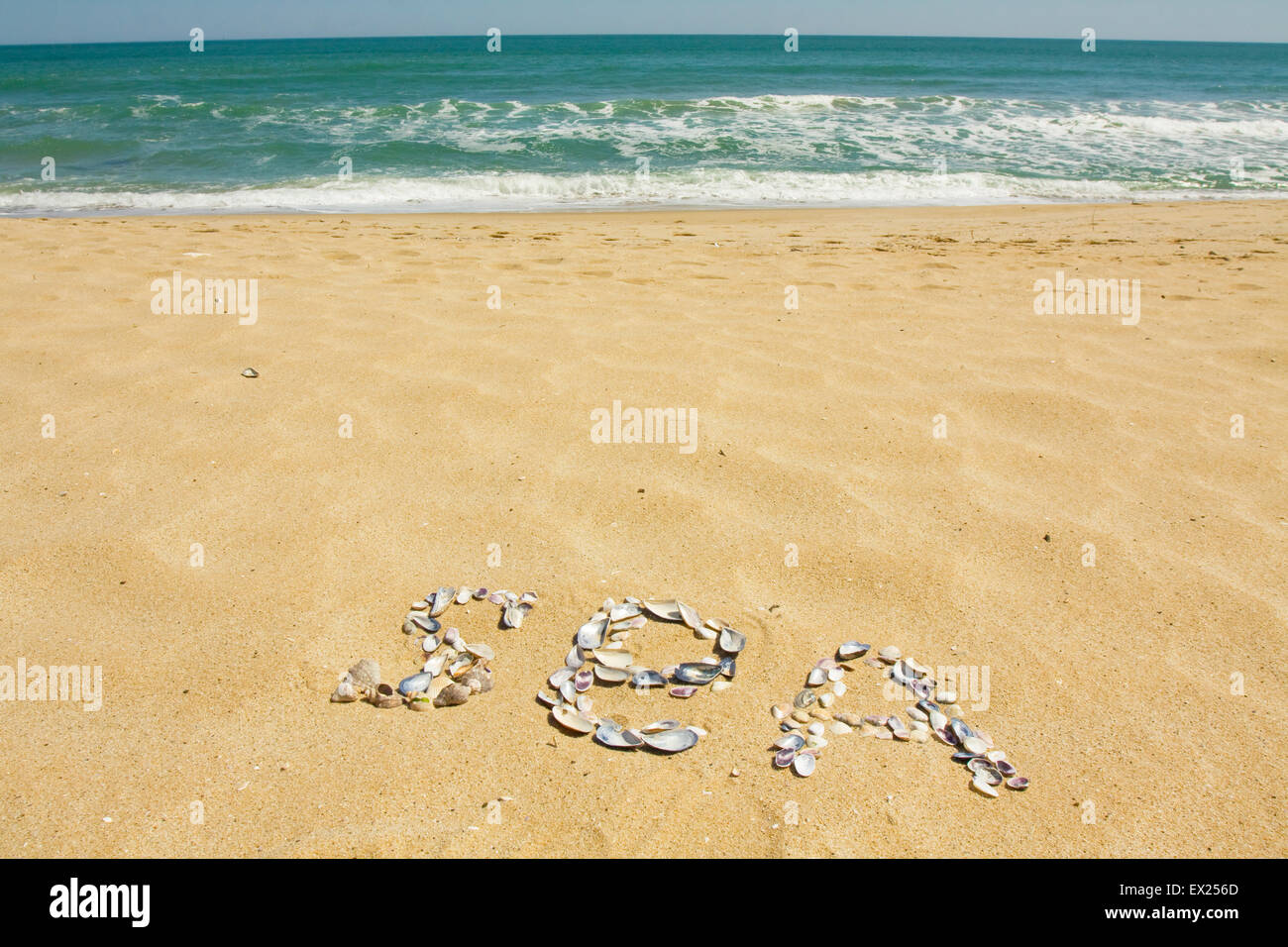 Word "Sea" made from shells on sandy beach, sea and sky Stock Photo - Alamy