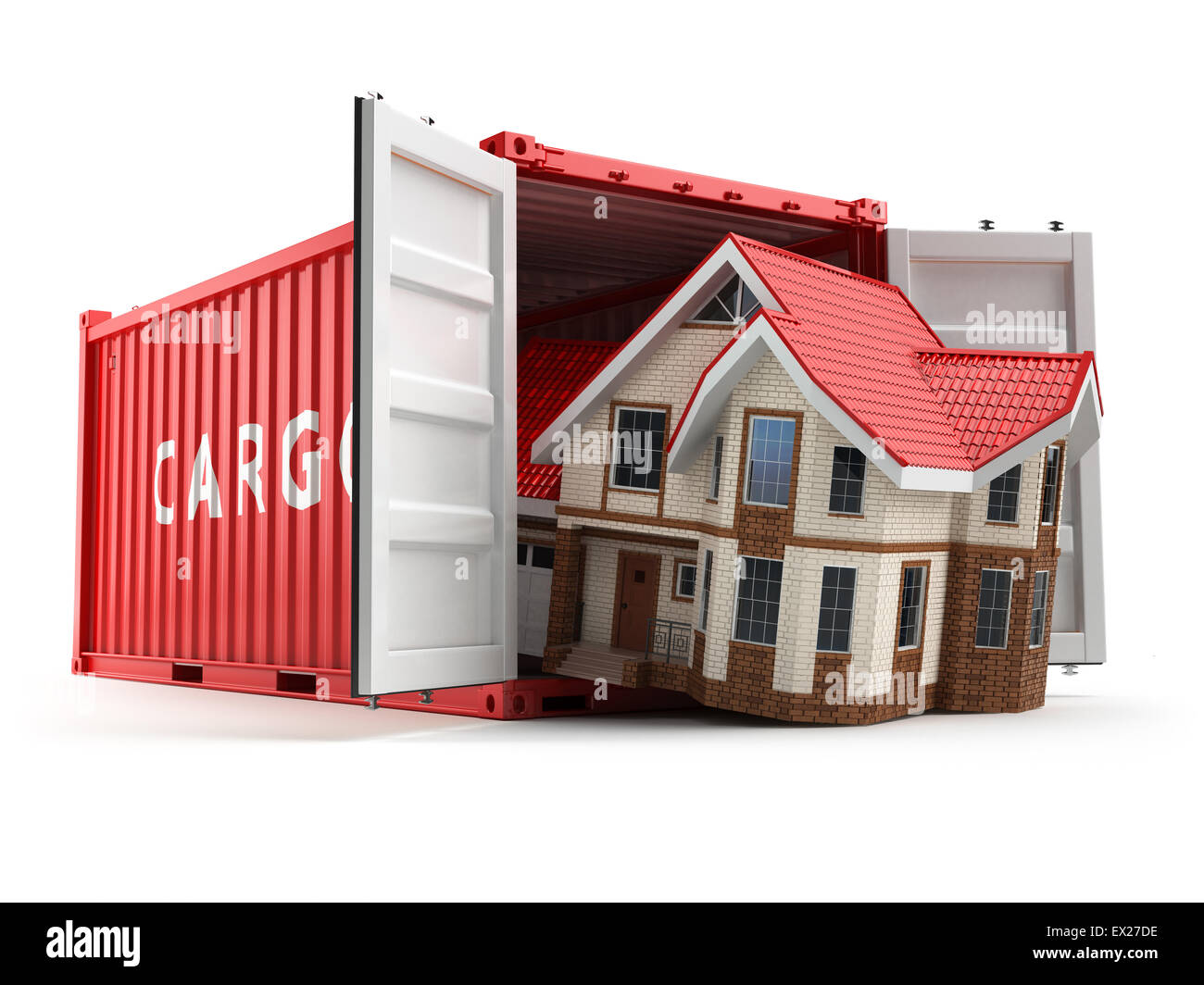 Moving house. Home and cargo shipping container isolated on white ...