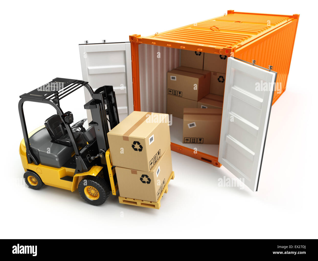 Forklift handling the cargo shipping container box. 3d Stock Photo - Alamy