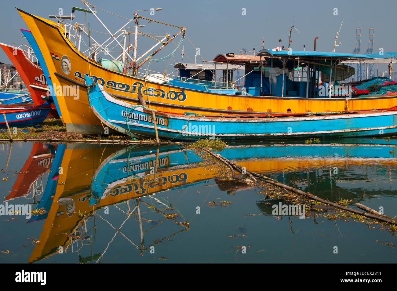 colorful boats, fort cochin harbour, kerala, south india, india, asia ...
