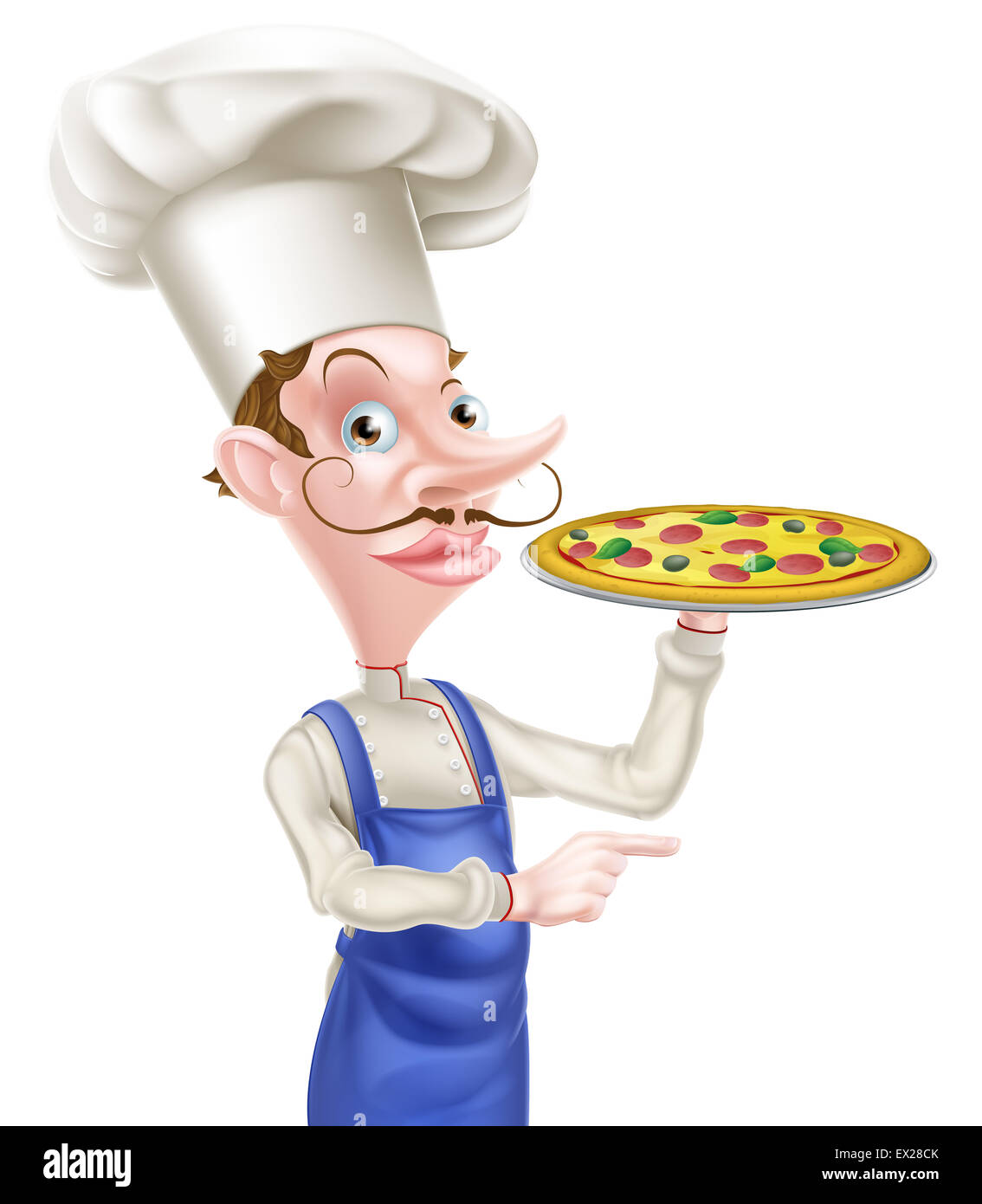 An illustration of a cartoon chef holding a tray with a pizza on it and ...