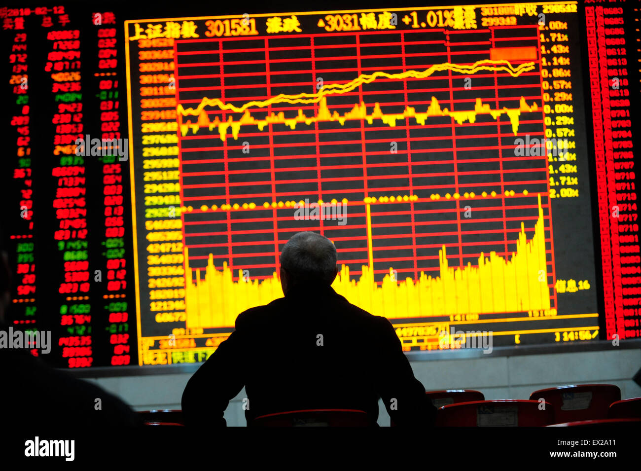 An investor gestures in front of an electronic board with stock ...
