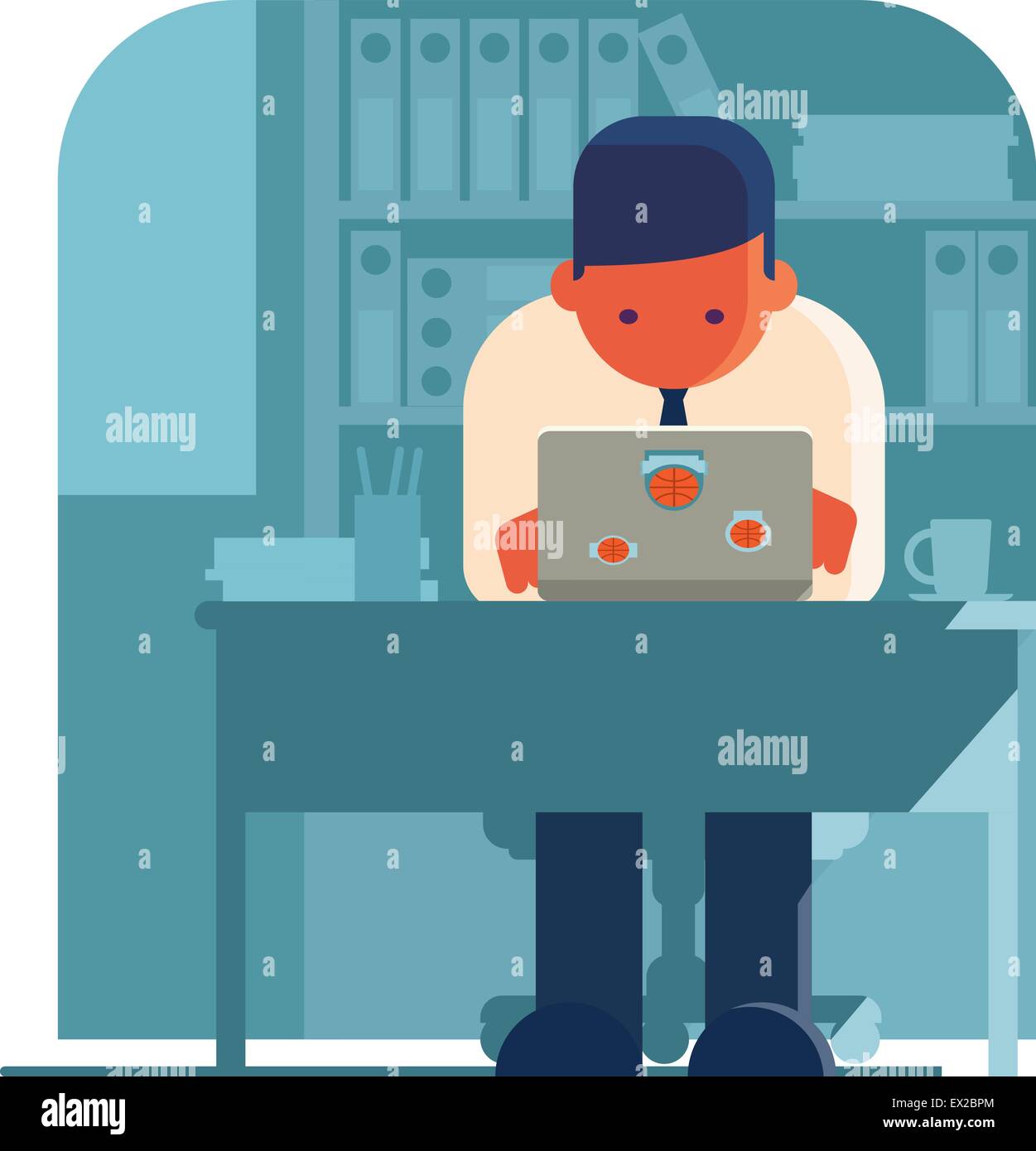 BYOD illustration. Bring Your Own Devices. Man sitting in office and ...