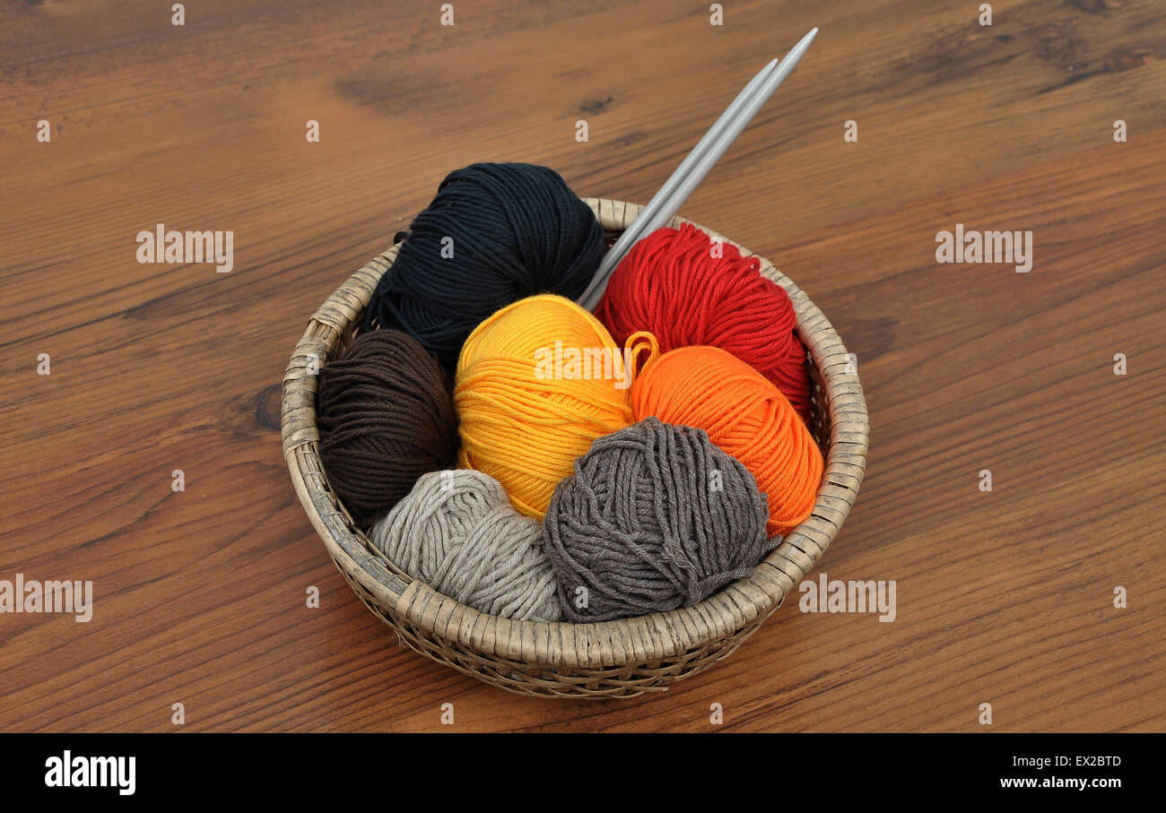 Balls of wool in basket Stock Photo - Alamy
