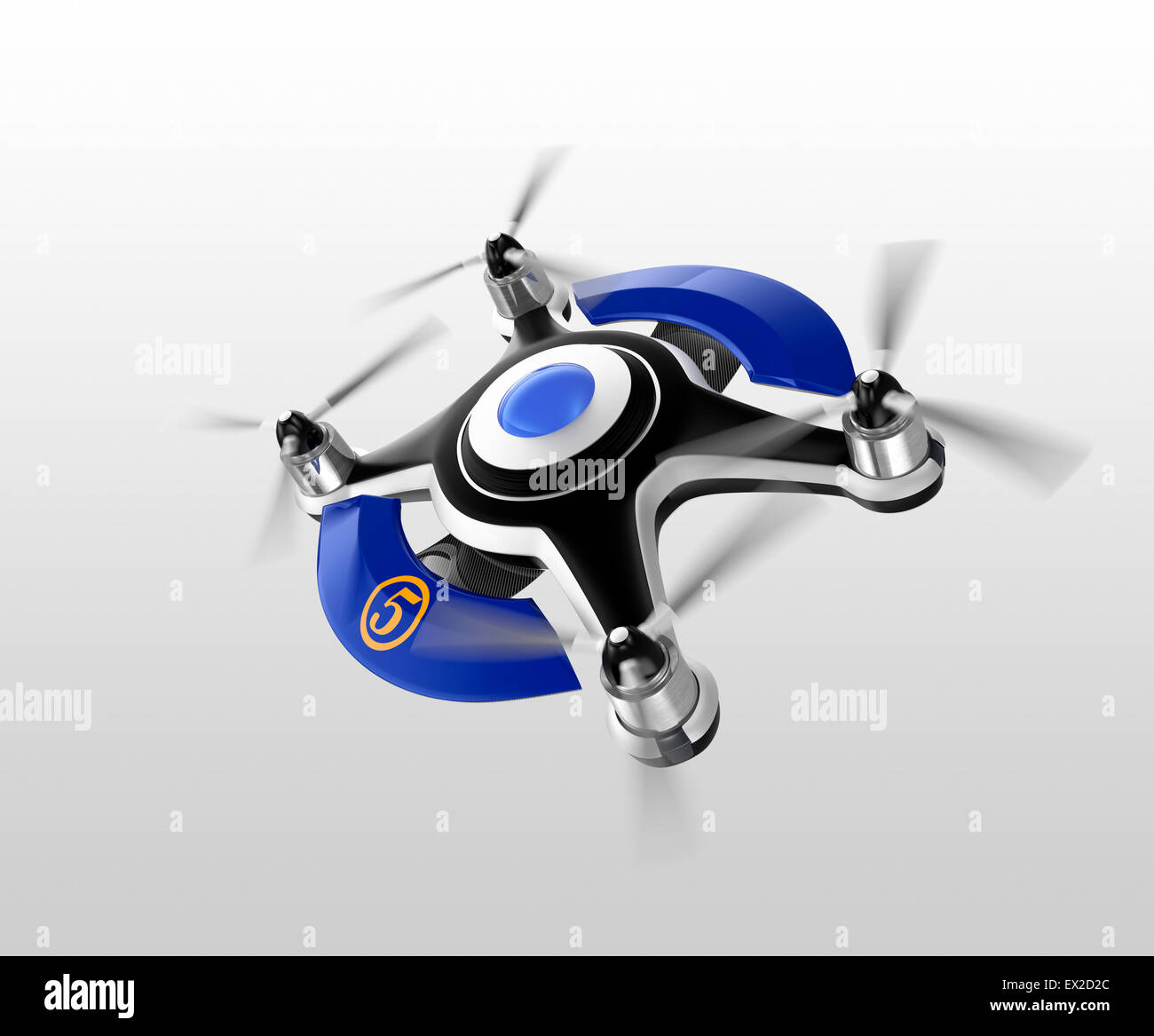 Blue drone, a quadrocopter for air race. 3D rendering image in original ...