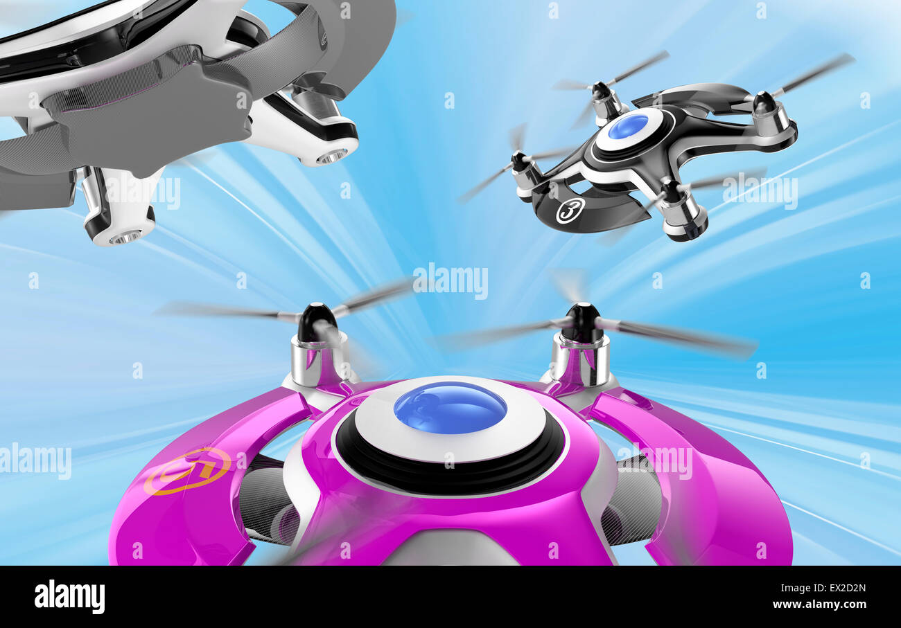 Three drones in air race. 3D rendering image in original design Stock ...