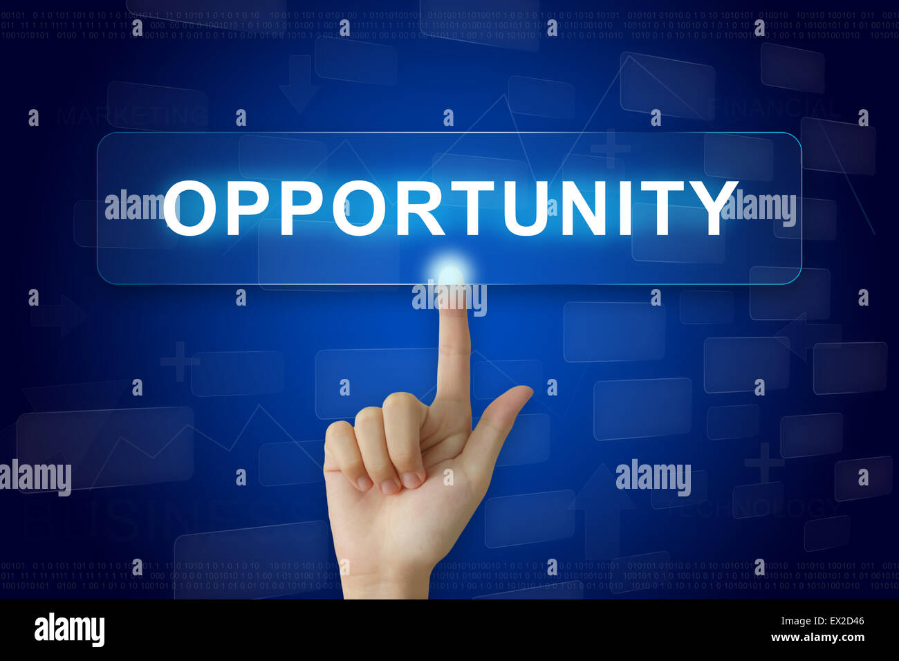 hand press on opportunity button on virtual screen Stock Photo - Alamy