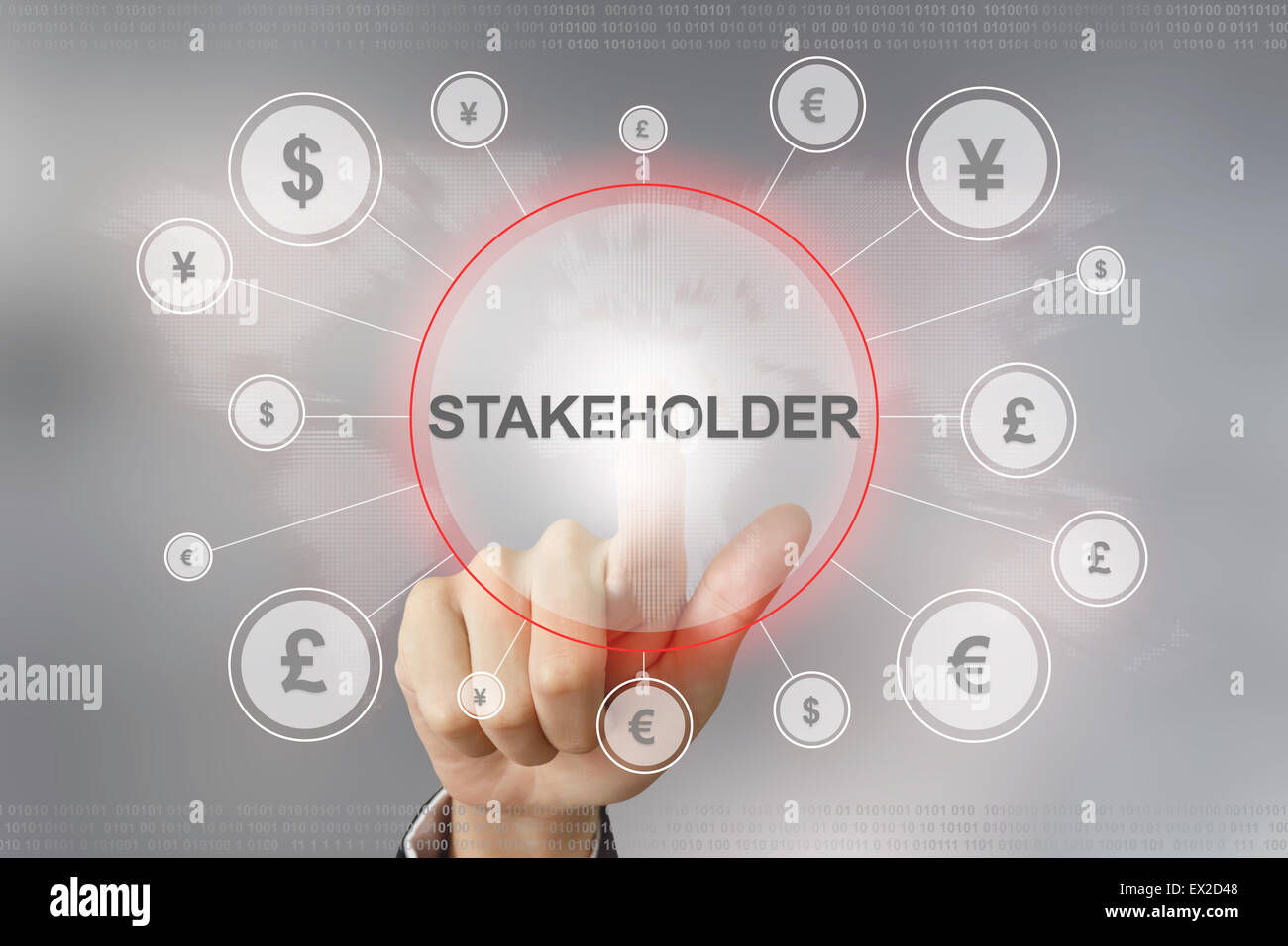 hand pushing stakeholder button with global networking concept Stock ...