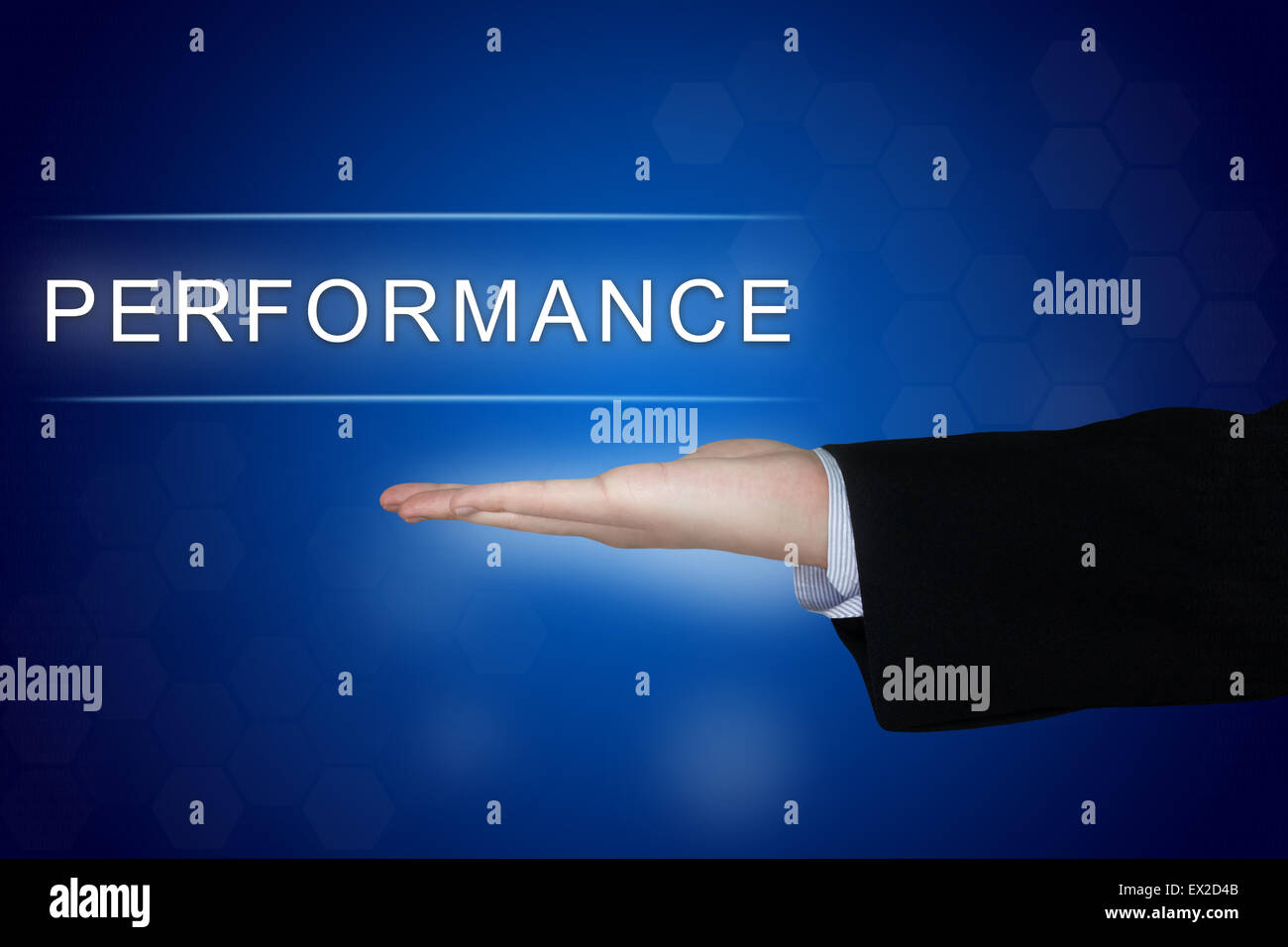 performance button with business hand on blue background Stock Photo ...