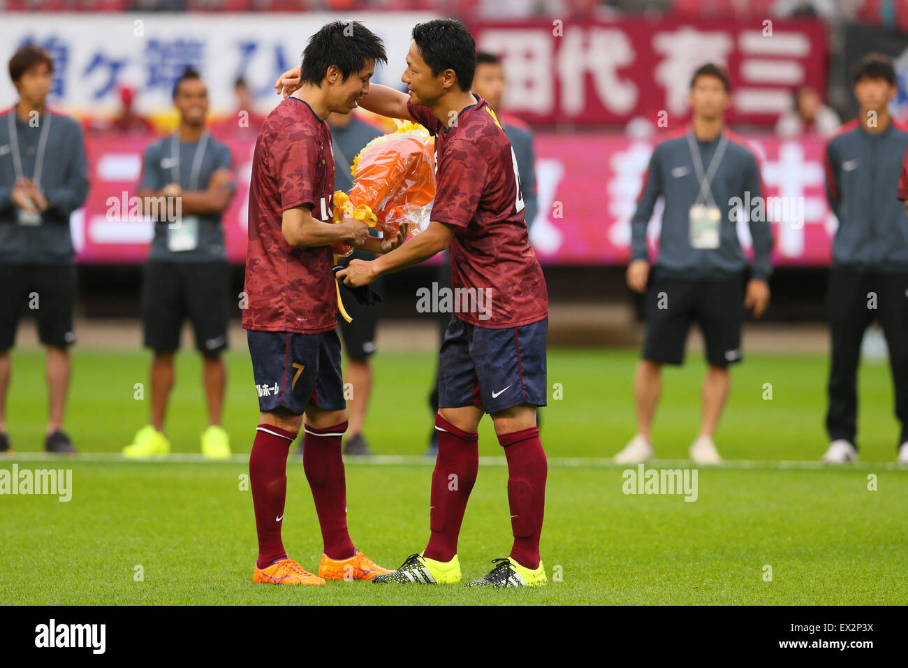 Ibaraki, Japan. 5th July, 2015. (L-R) Toru Araiba, Go Oiwa Football ...