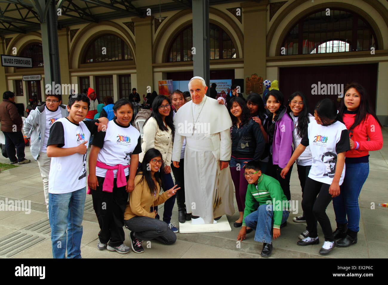 La Paz, Bolivia, 5th July 2015. College students pose for a group photo ...